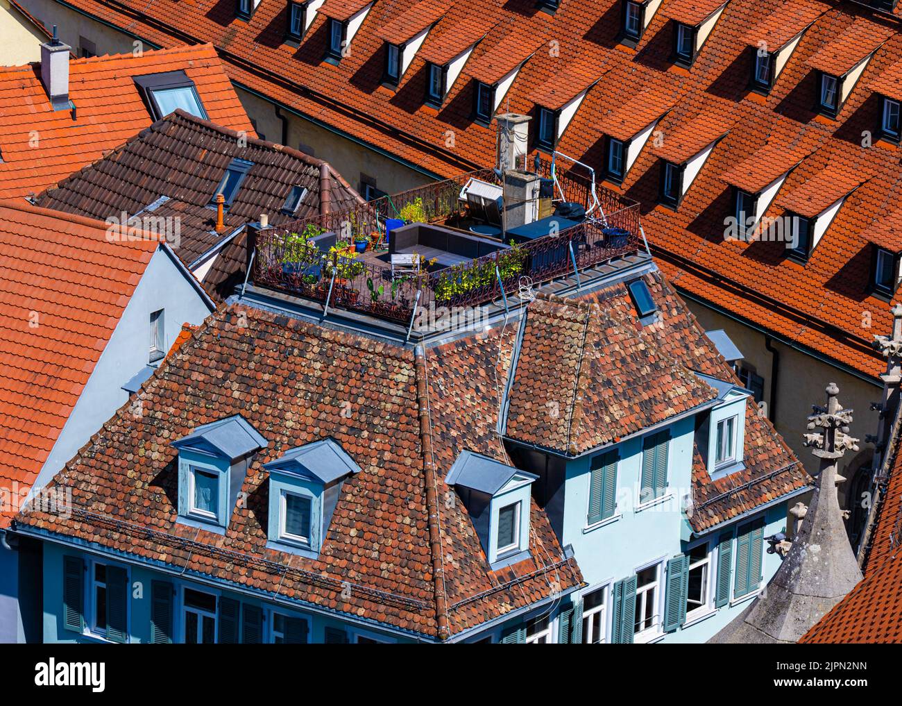 View from the Tübingen collegiate church tower on the old town with a ...