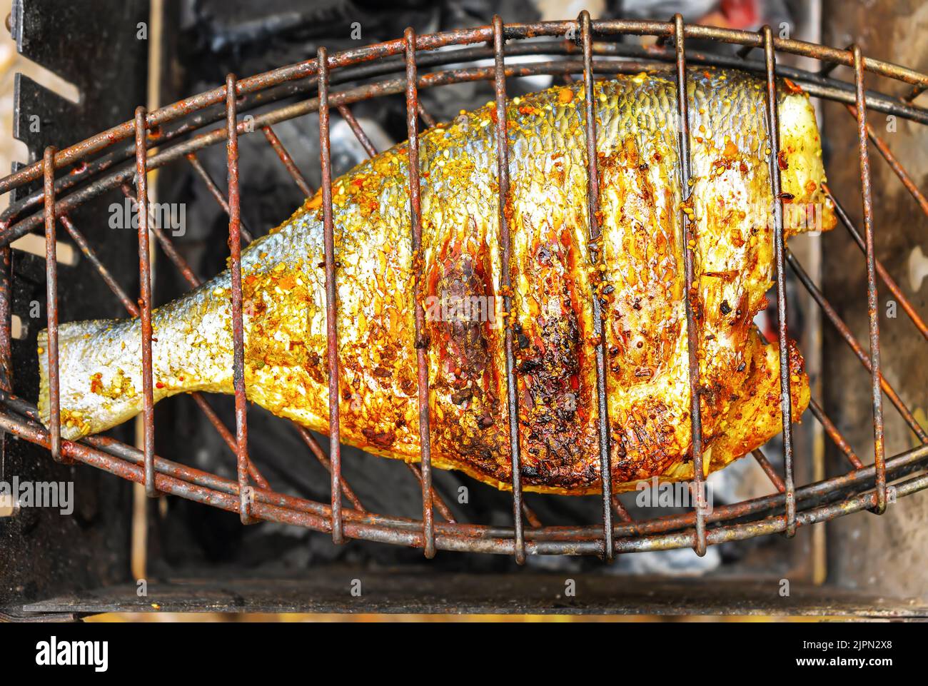 Grilled fish fried with lemon, citrus and spices, pepper. Exotic ...
