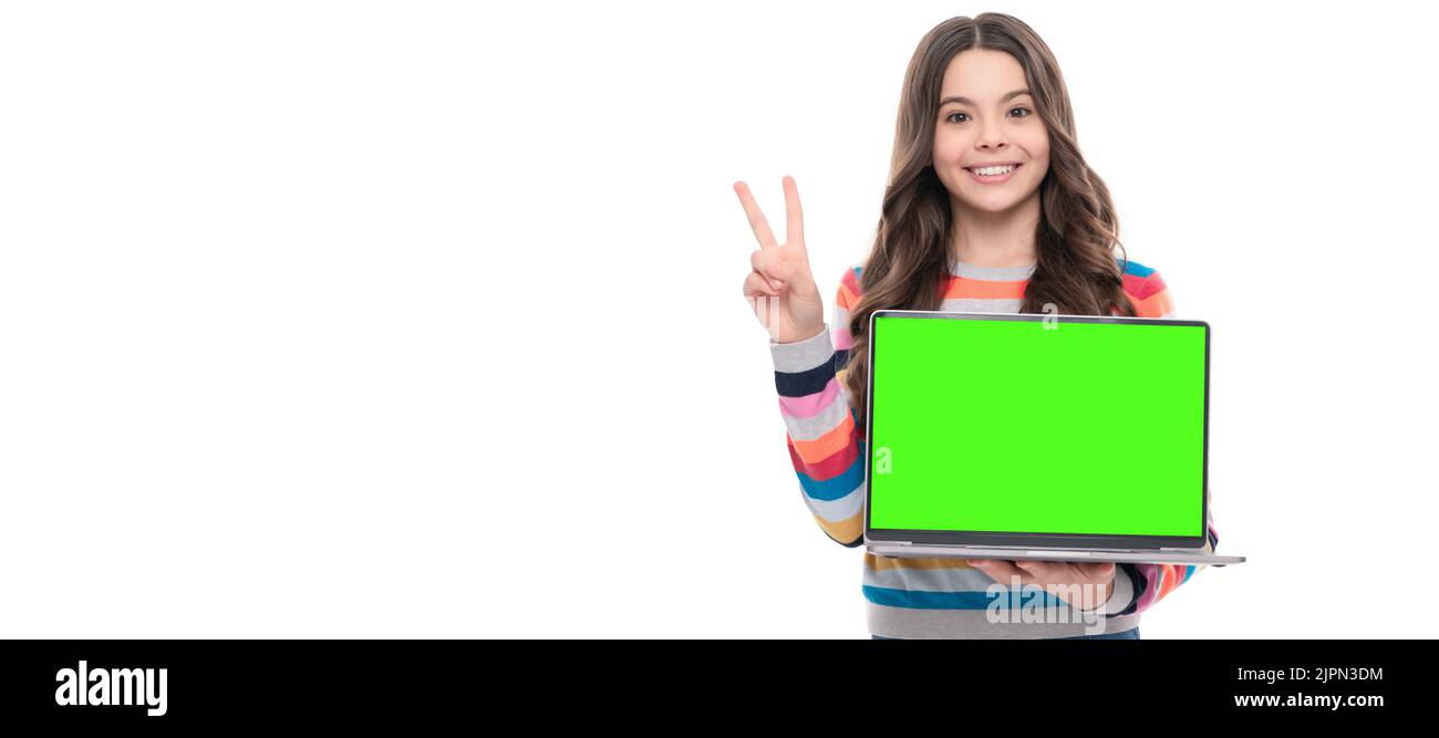 peace. teen girl with laptop. online education. School girl portrait ...