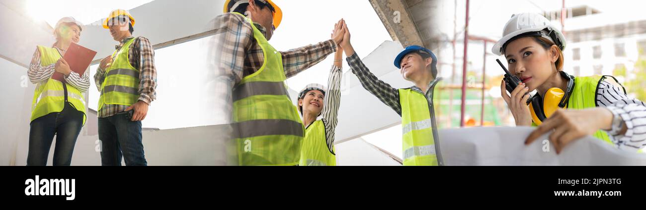 Engineer team and contractor raise their hands up together for joining ...