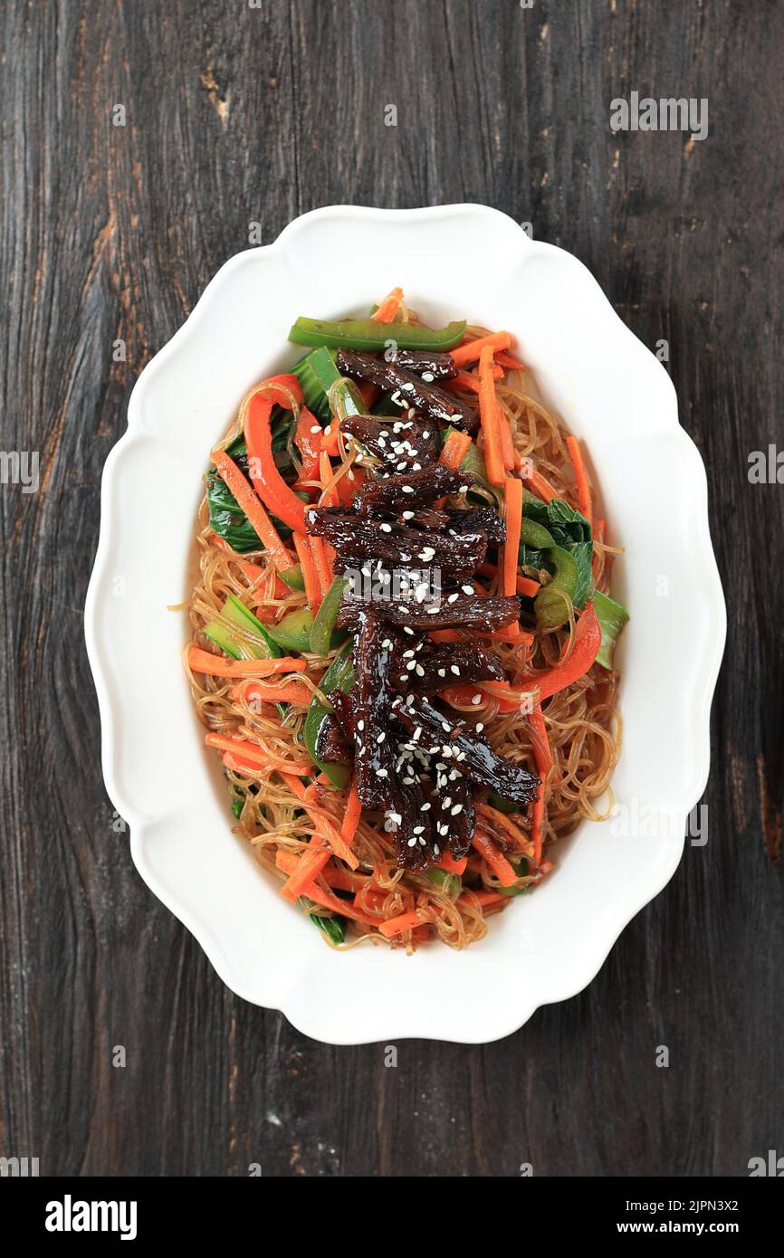 Japchae, Chap Chae Korean Noodle Dish with Beef Bulgogi Topping, Top ...