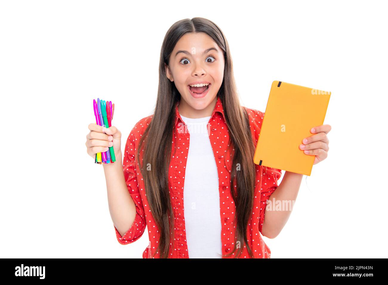 Teen girl pupil hold books, notebooks, isolated on yellow background ...