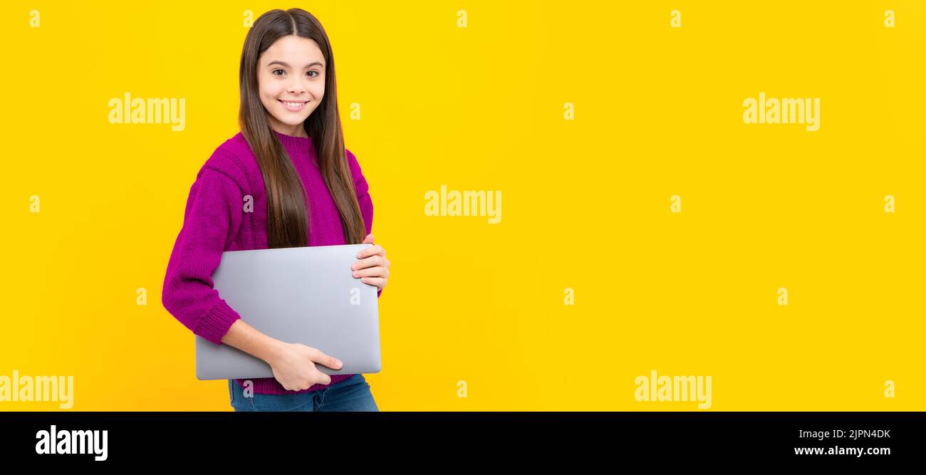 Young student school girl, studying with laptop computer. E-learning ...