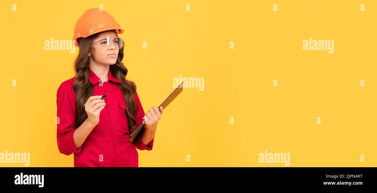 find the solution. teen girl in protective glasses. child wear ...