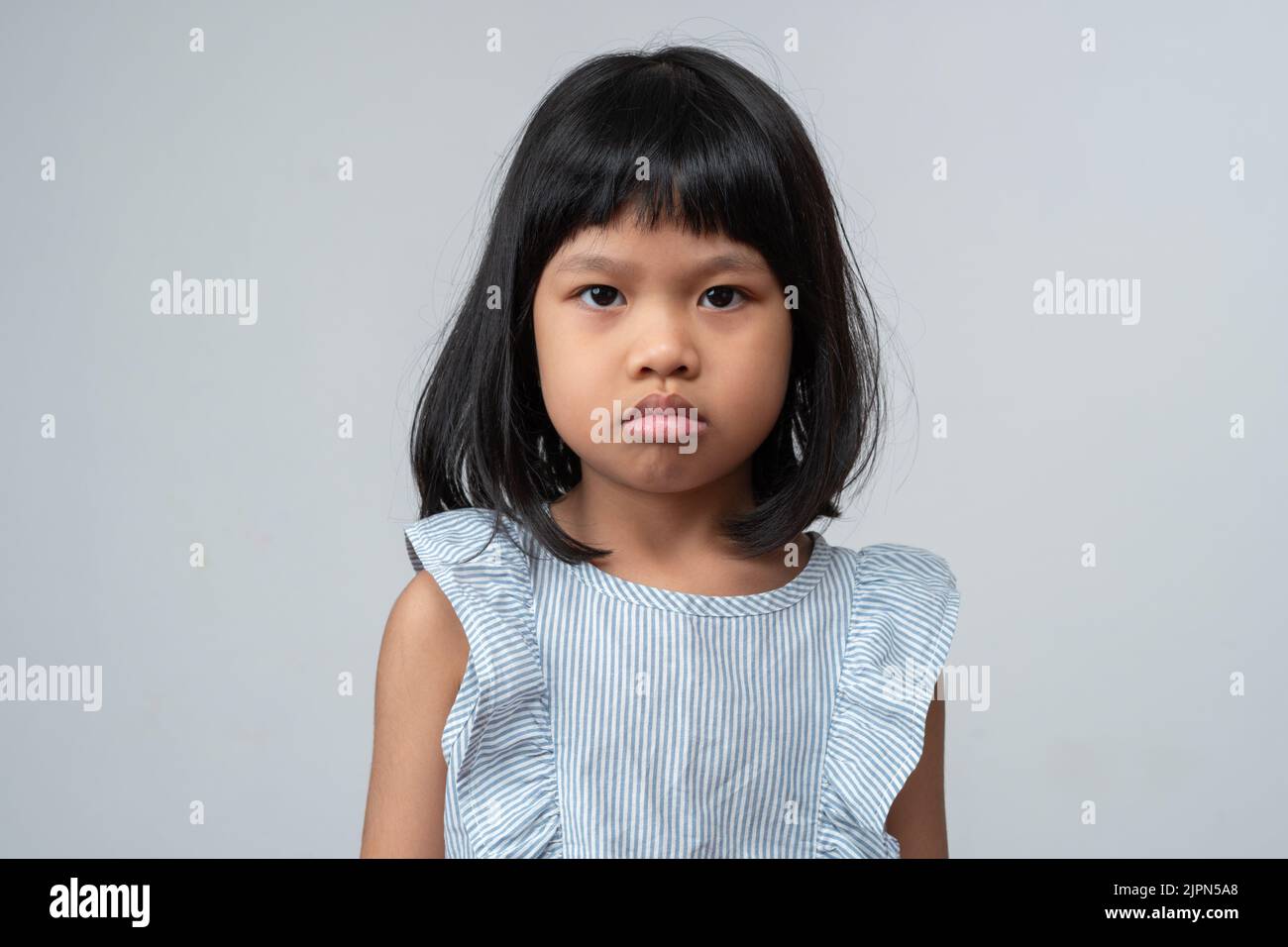 Portrait of Asian angry and sad little girl on white isolated ...