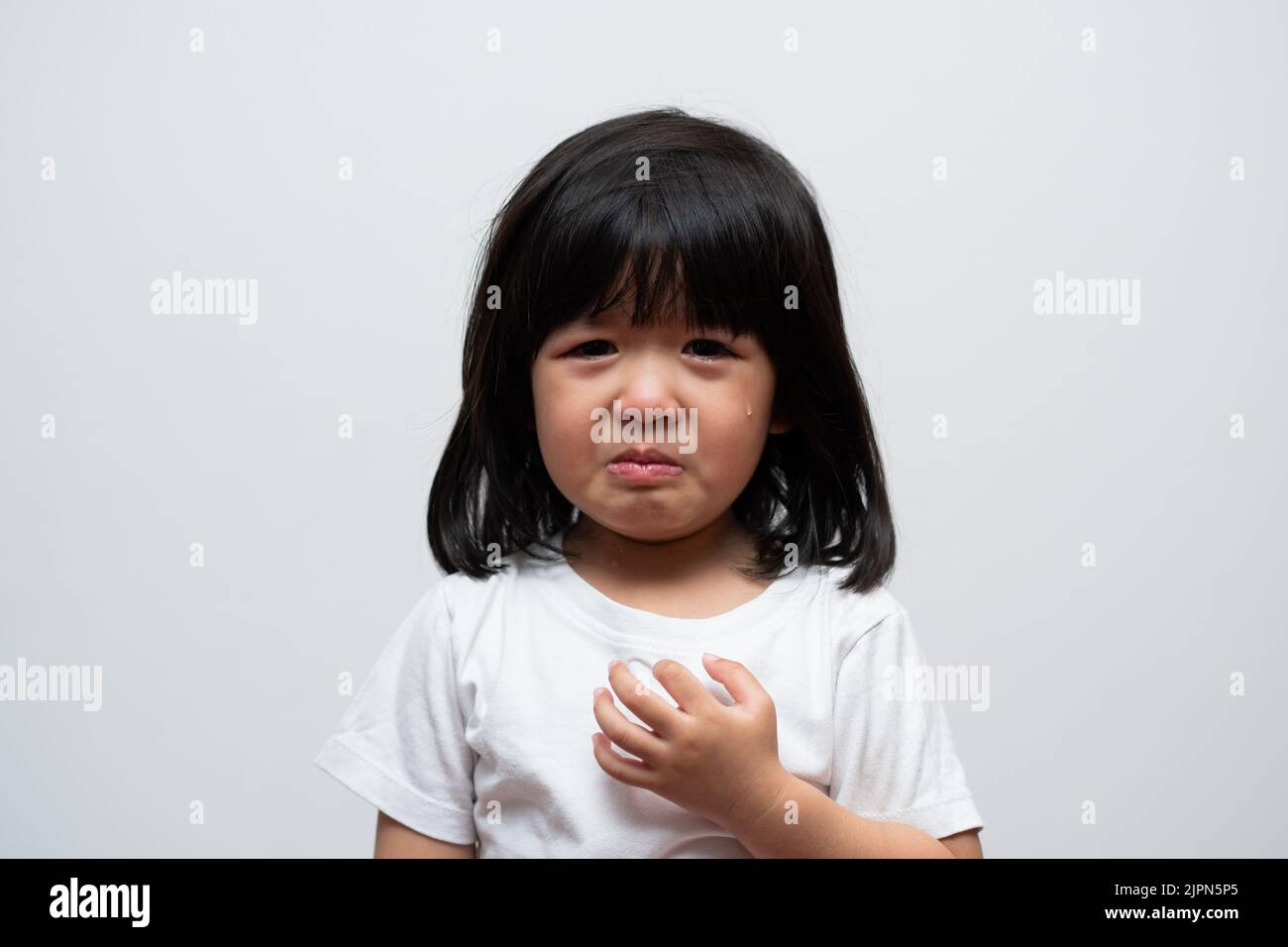Portrait of Asian angry, sad and cry little girl on white isolated ...