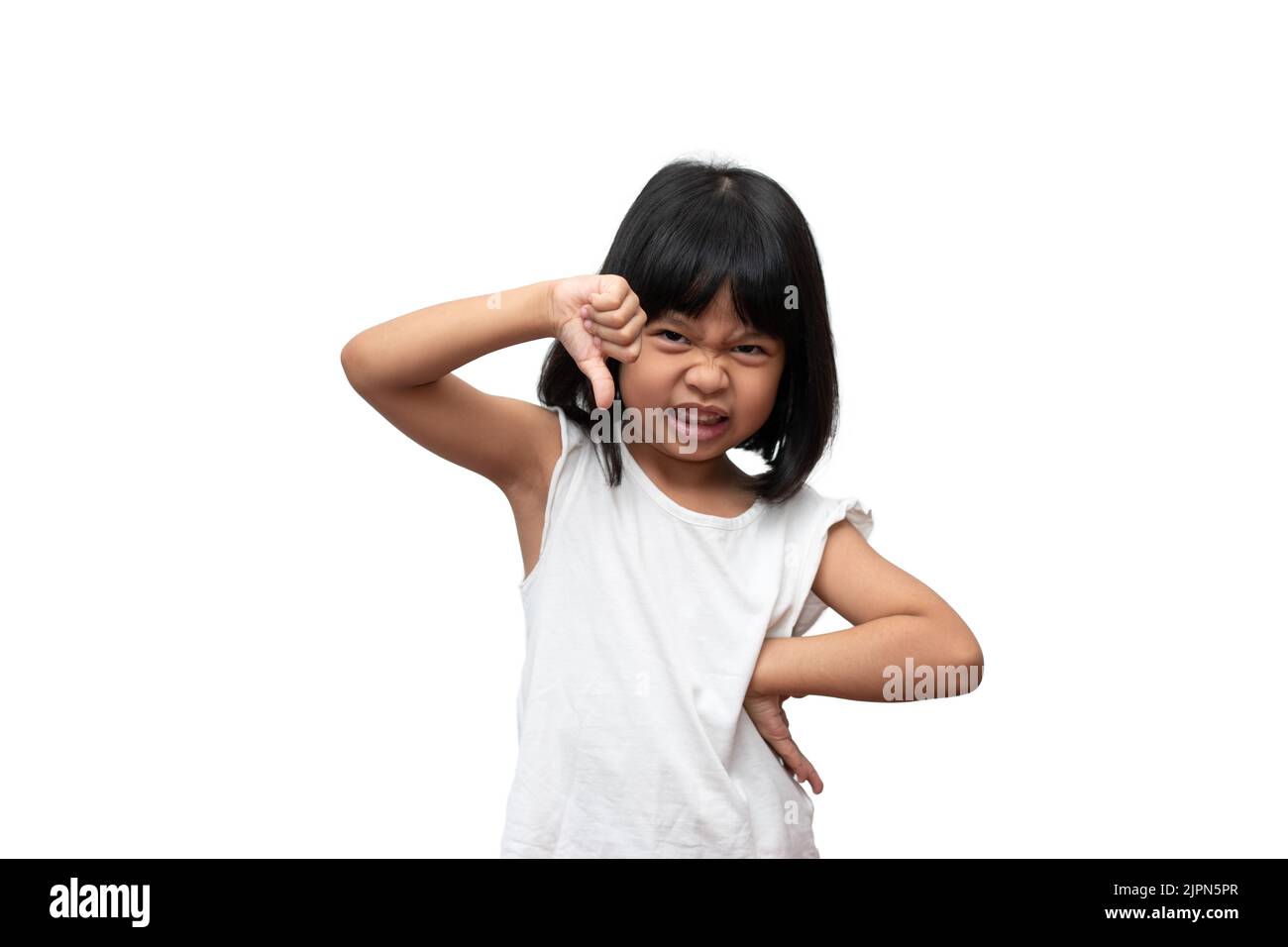 Portrait of Asian angry and sad little girl and thumbs down on white ...
