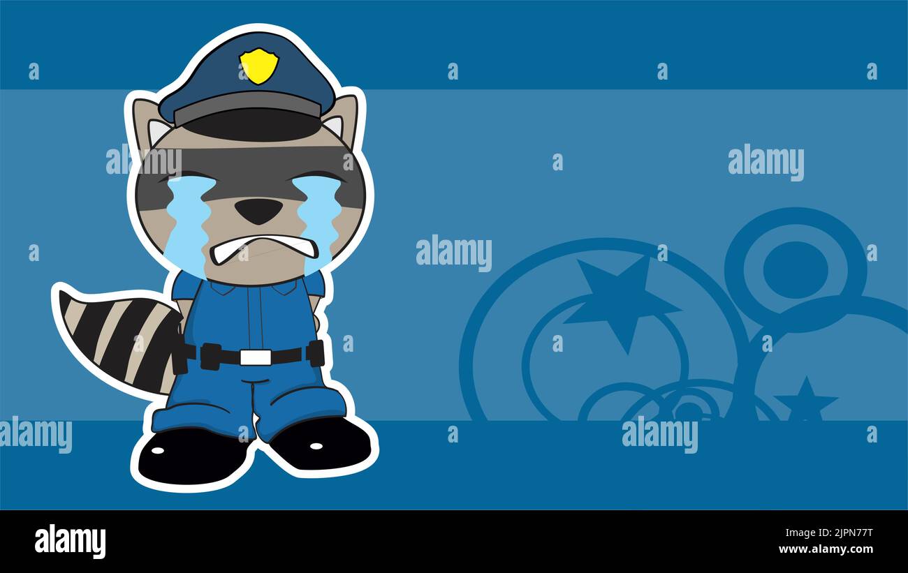 crying standing raccoon cartoon cop costume expression background in ...