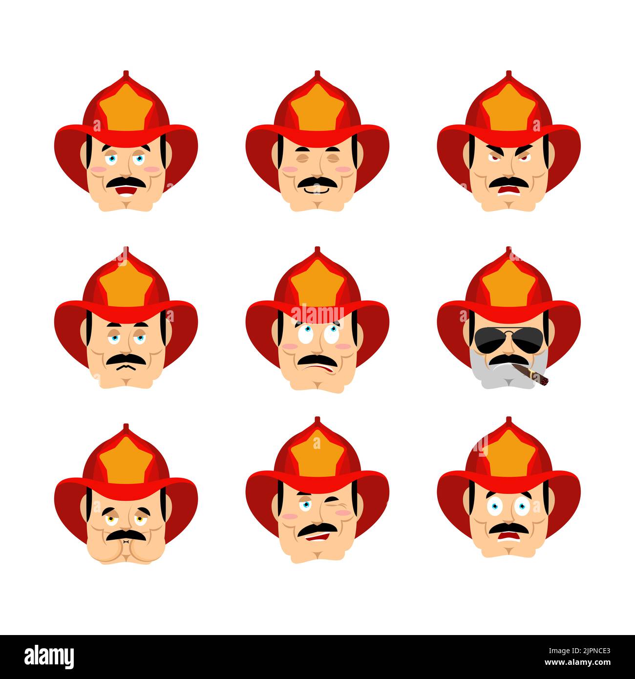 Firefighter set emoji avatar. sad and angry face. guilty and sleeping ...