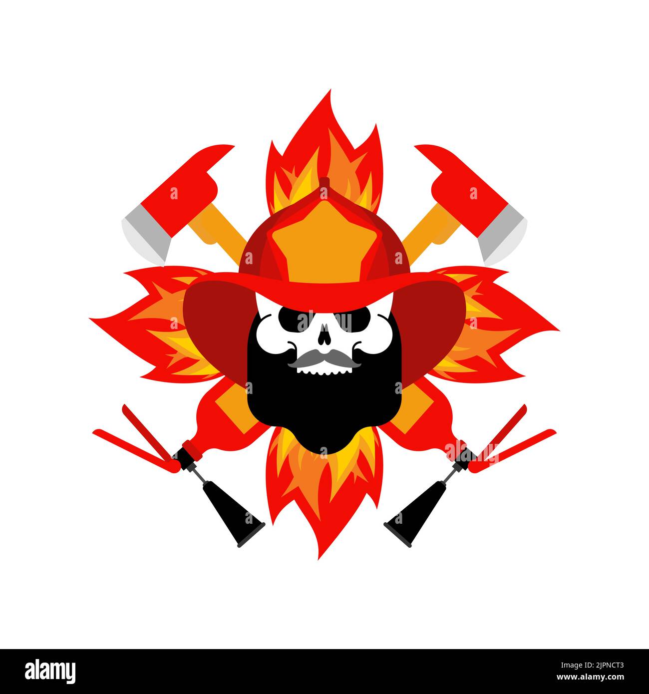 Firefighter Skull in helmet sign. Fire ax and flame. Fire department ...