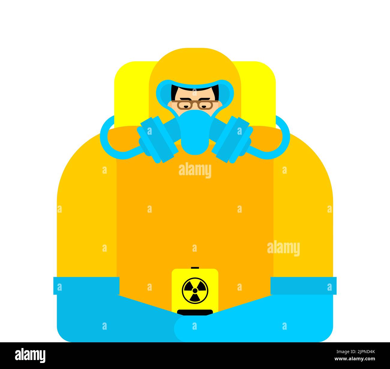 Man in radiation-protective suit is watching dosimeter. Concept after ...