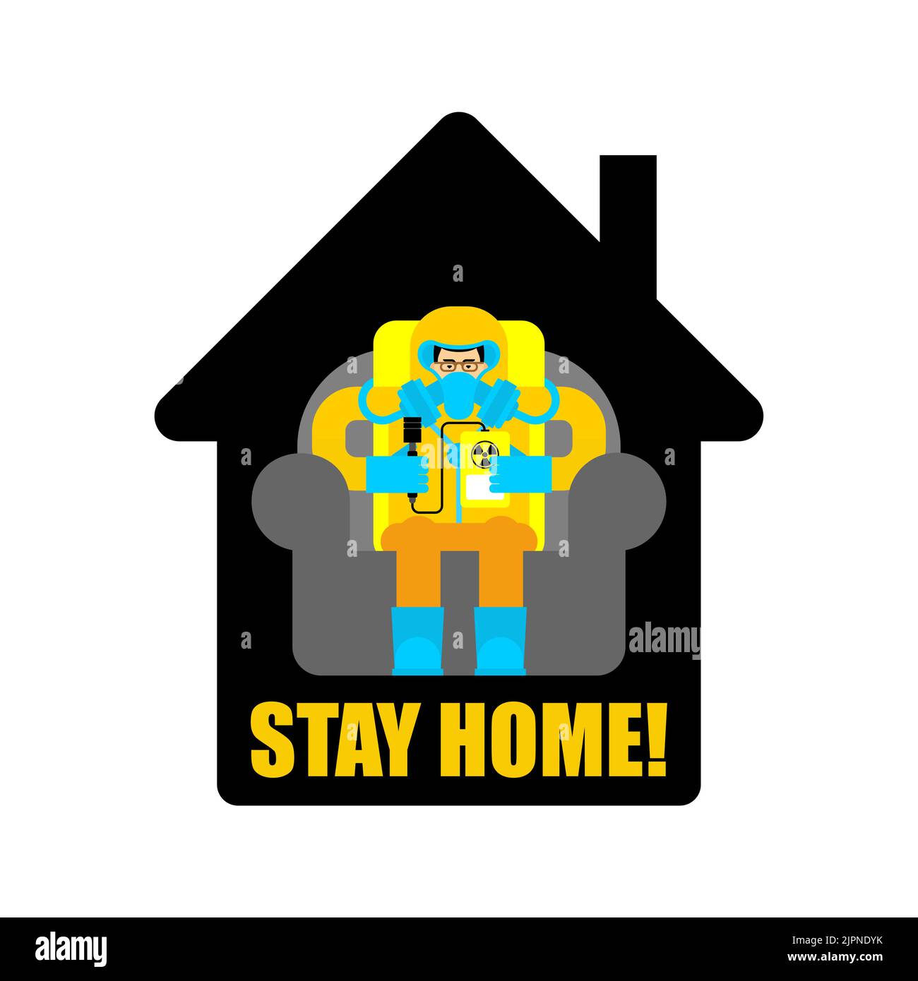 Stay in home. Man in Radiation protective suit in home from nuclear ...