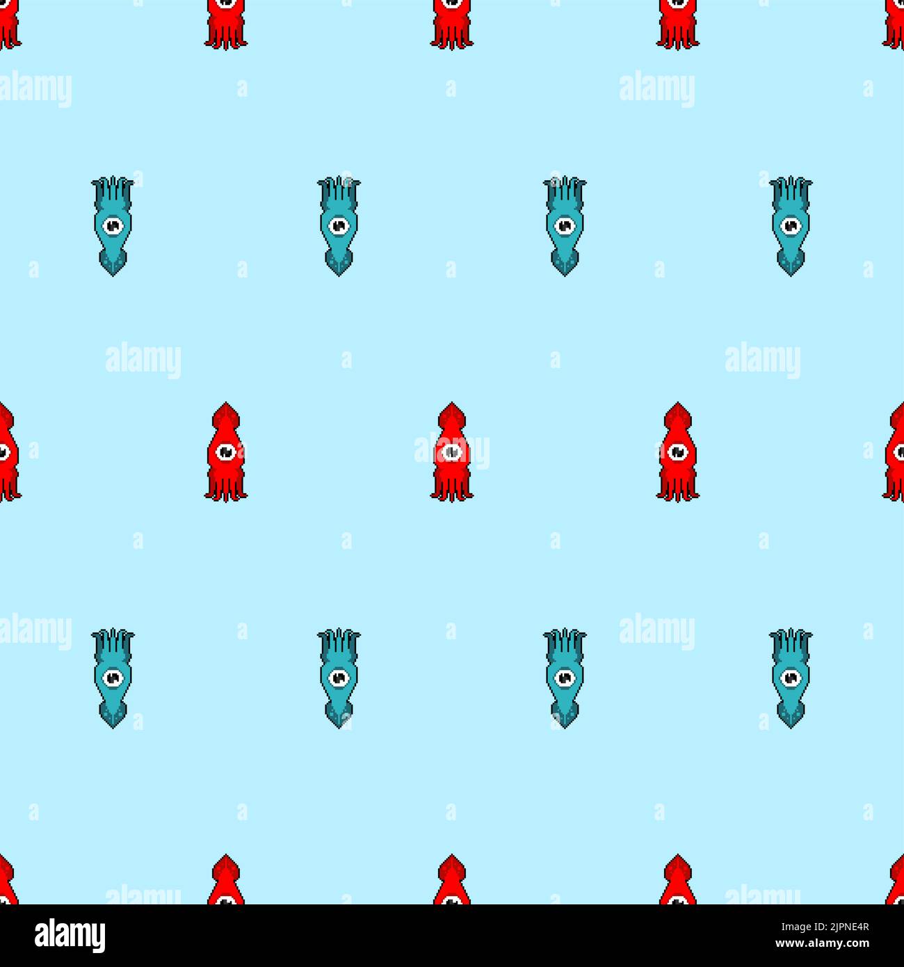 Squid pixel art pattern seamless 8 bit cephalopod marine animal ...