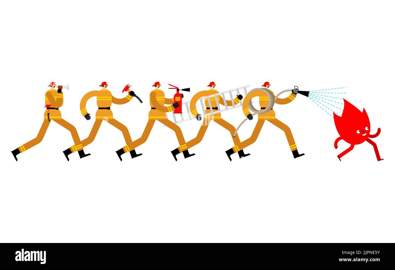 Fireman run after fire. Fire extinguishing. Vector illustration Stock ...