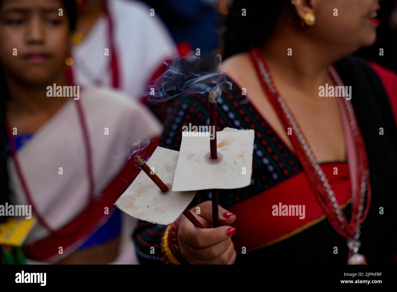 Bhaktapur, Nepal. 19th Aug, 2022. Women donned in traditional attire ...