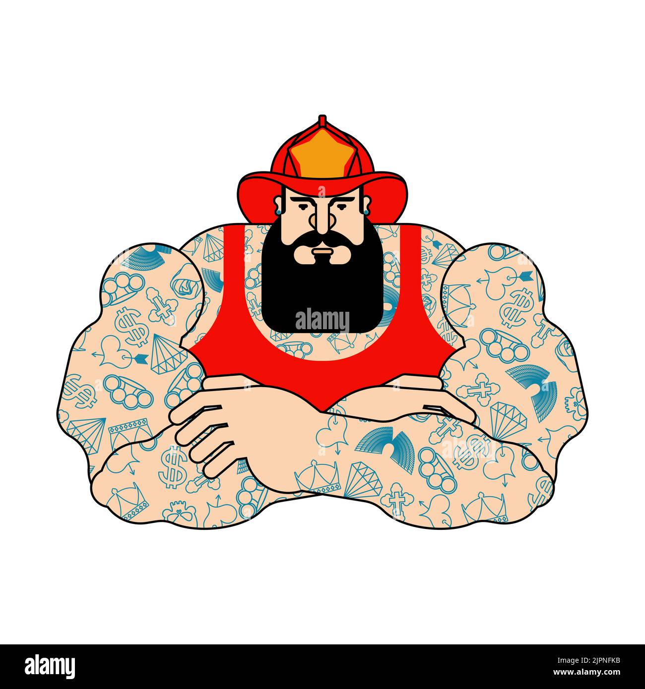 Strong Firefighter with beard and tattoos. Vector illustration Stock ...