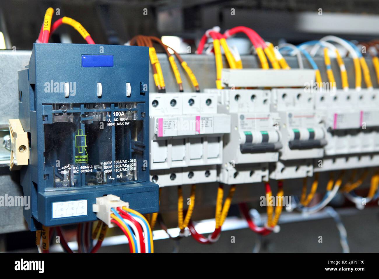 Electrician engineer work tester measuring voltage and current of power ...