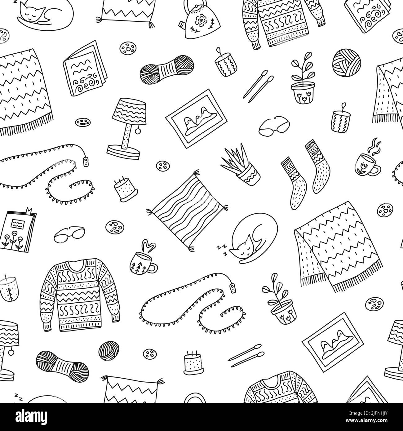Black and white seamless pattern with doodle outline hygge icons in ...