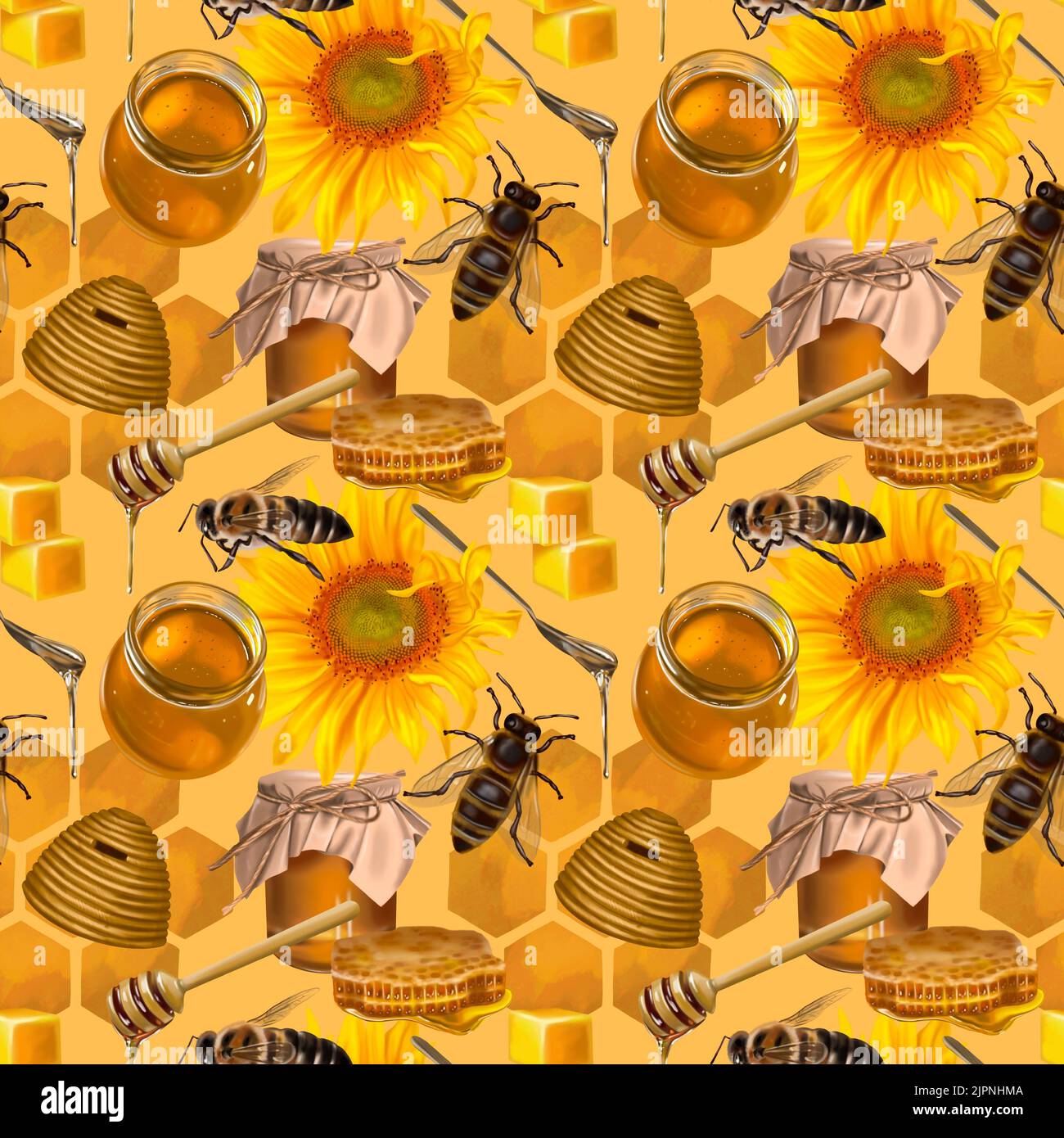 Realistic seamless pattern of honey bees, honey cans, beehive ...