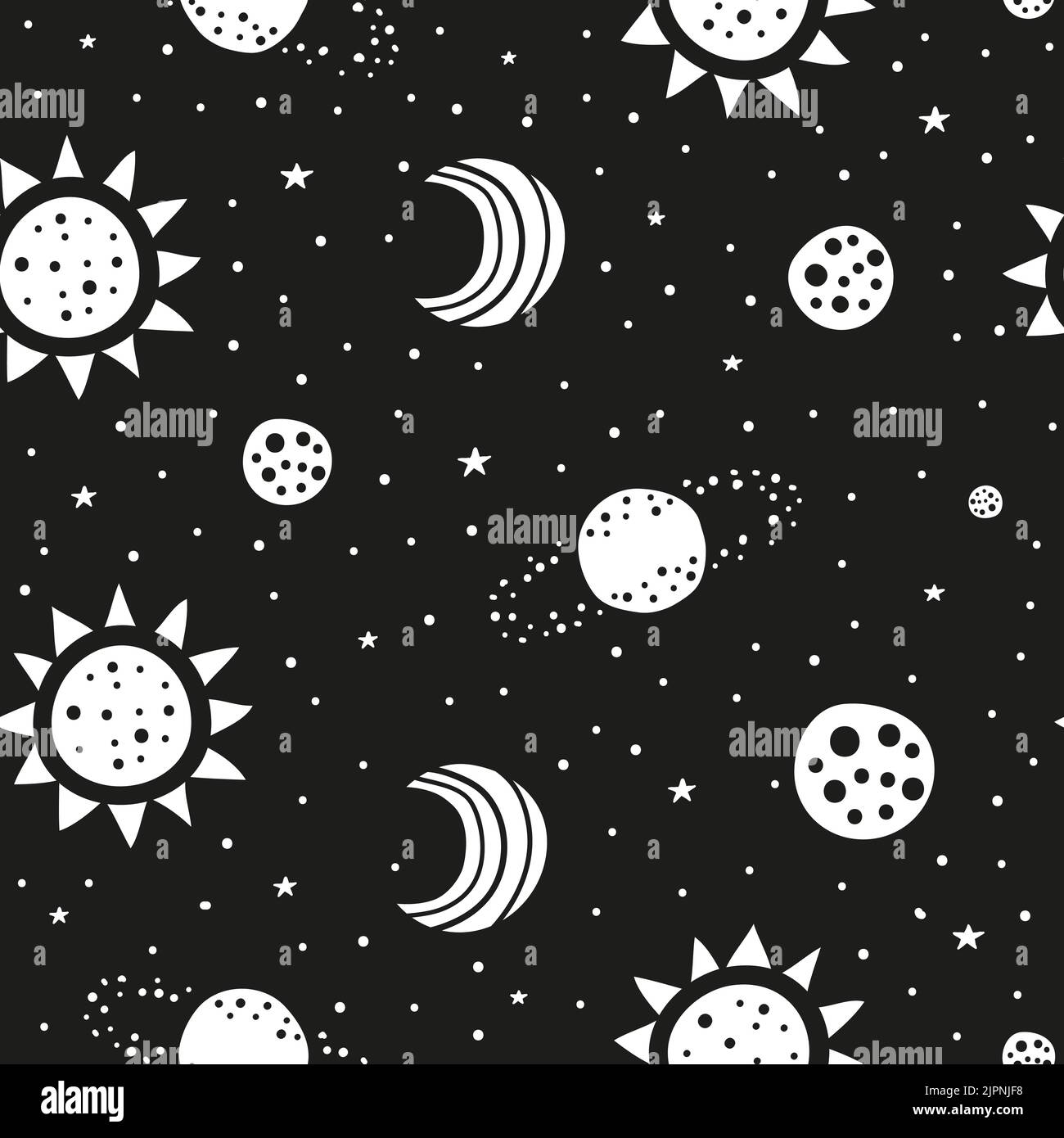 Black and white space seamless pattern with doodle sun, moon, stars and ...