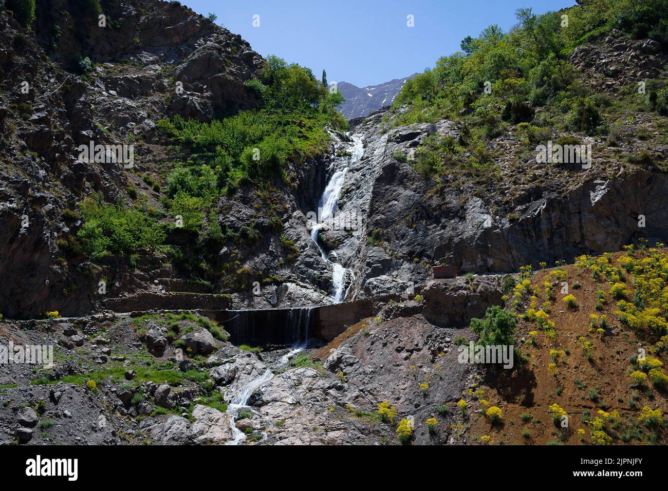 A small waterfall in the Atlas Mountains in Imlil, Morocco Stock Photo ...