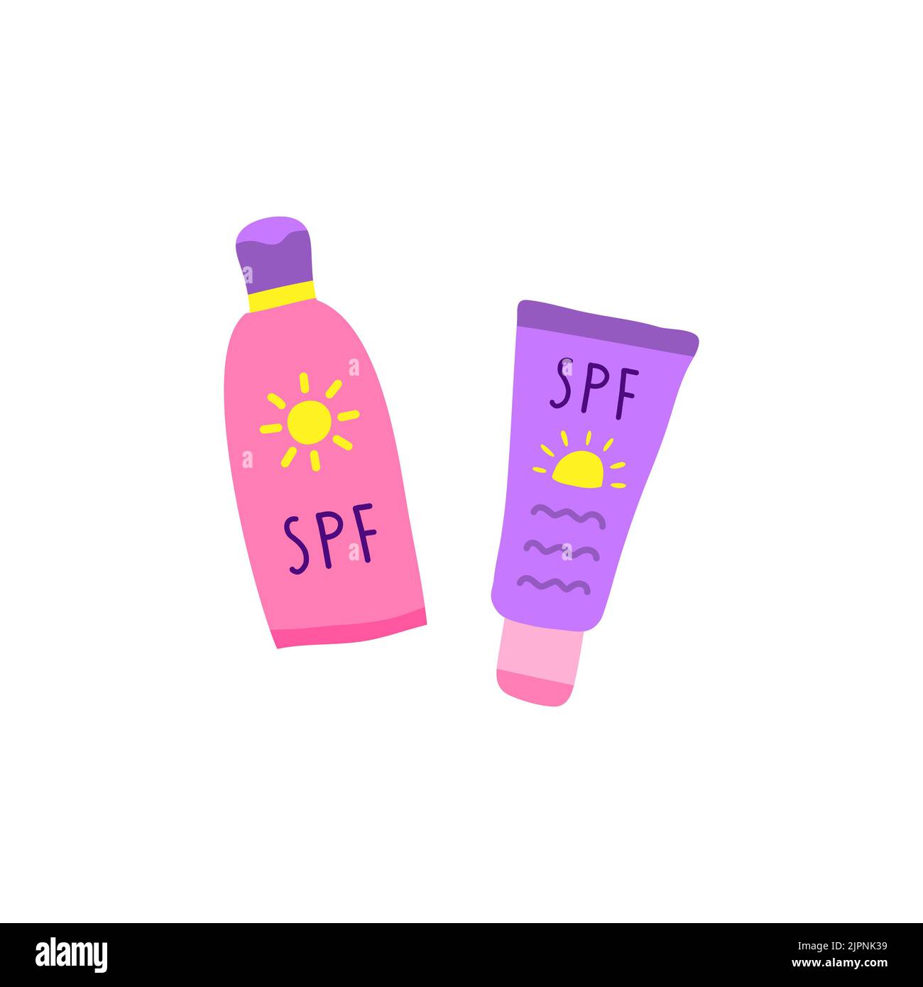 Colorful doodle sunscreen spf cream, lotion in tube and bottle isolated ...