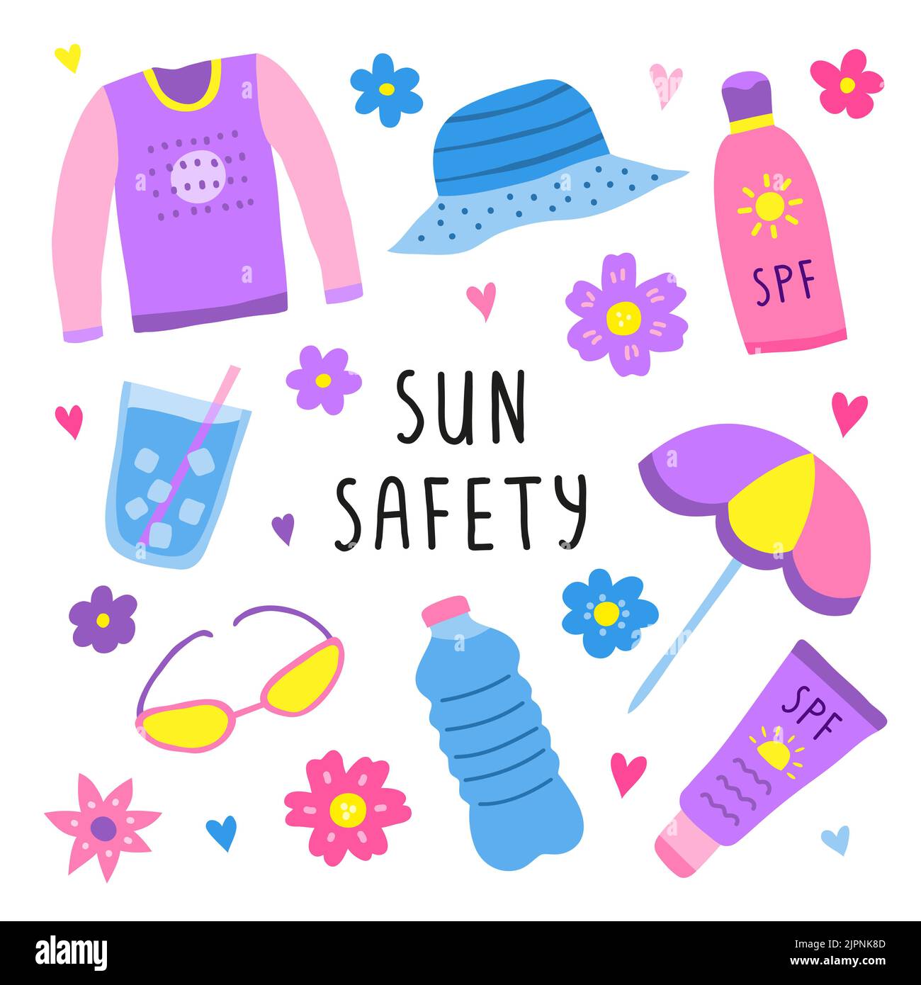 Set of colorful doodle sun safety icons isolated on white background ...