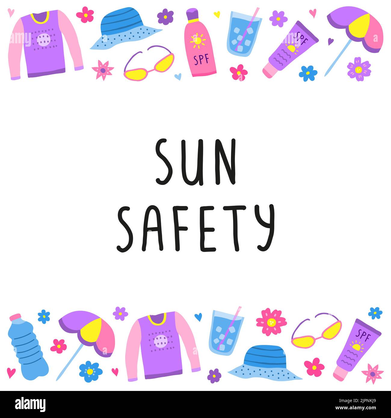 Poster with doodle colorful sun safety icons and lettering on white ...
