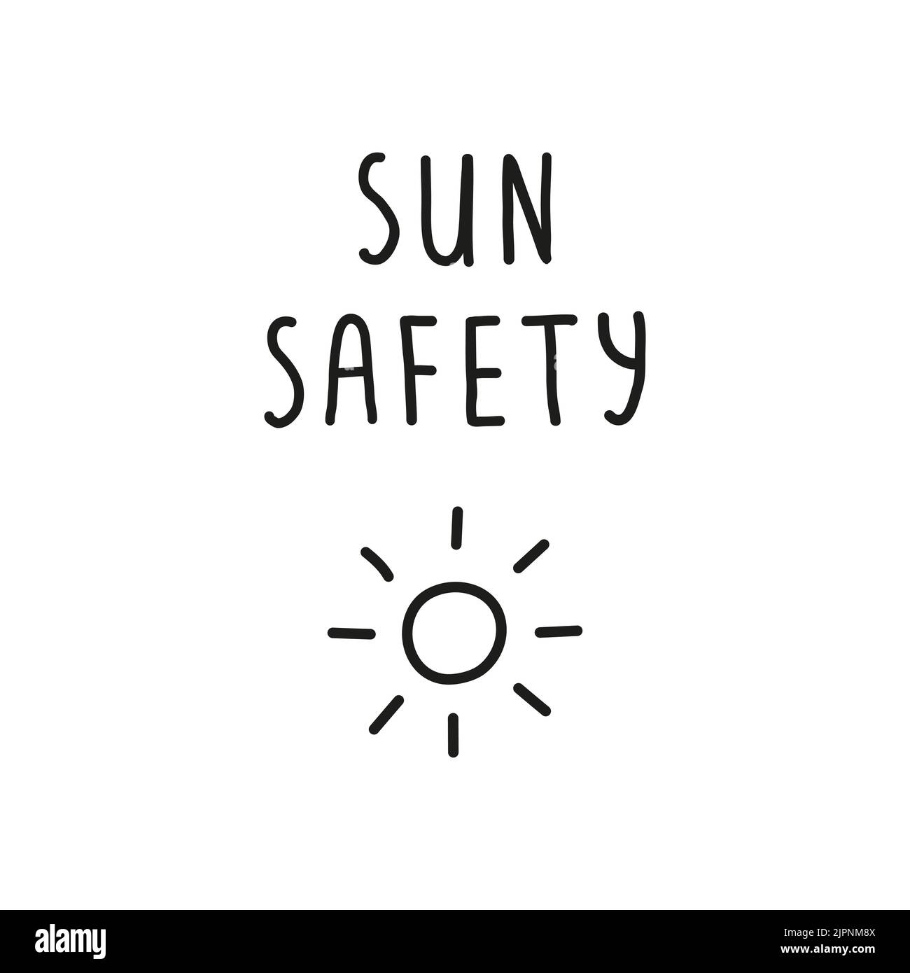 Simple hand written lettering sun safety and doodle outline sun icon ...