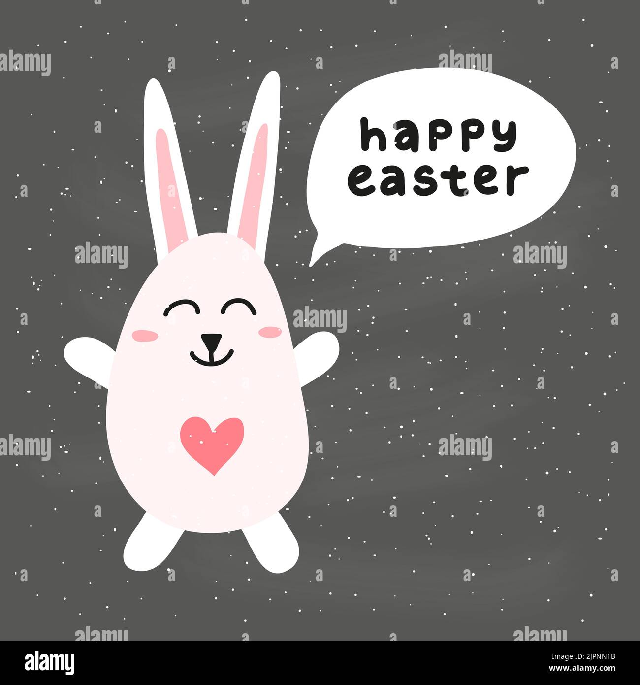 Cute poster with doodle bunny and lettering Happy Easter in bubble ...