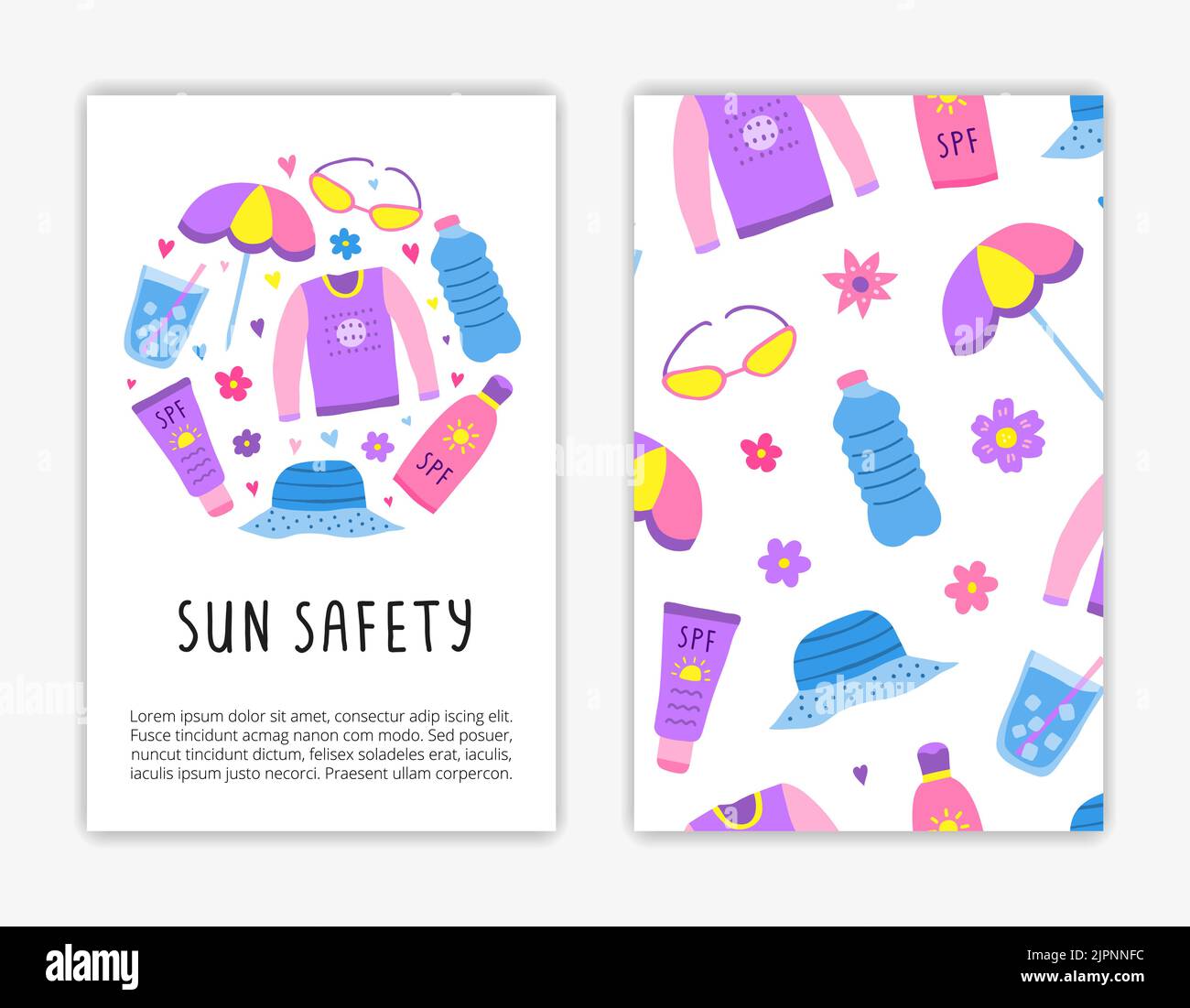 Card templates with doodle colorful sun safety icons. Used clipping ...