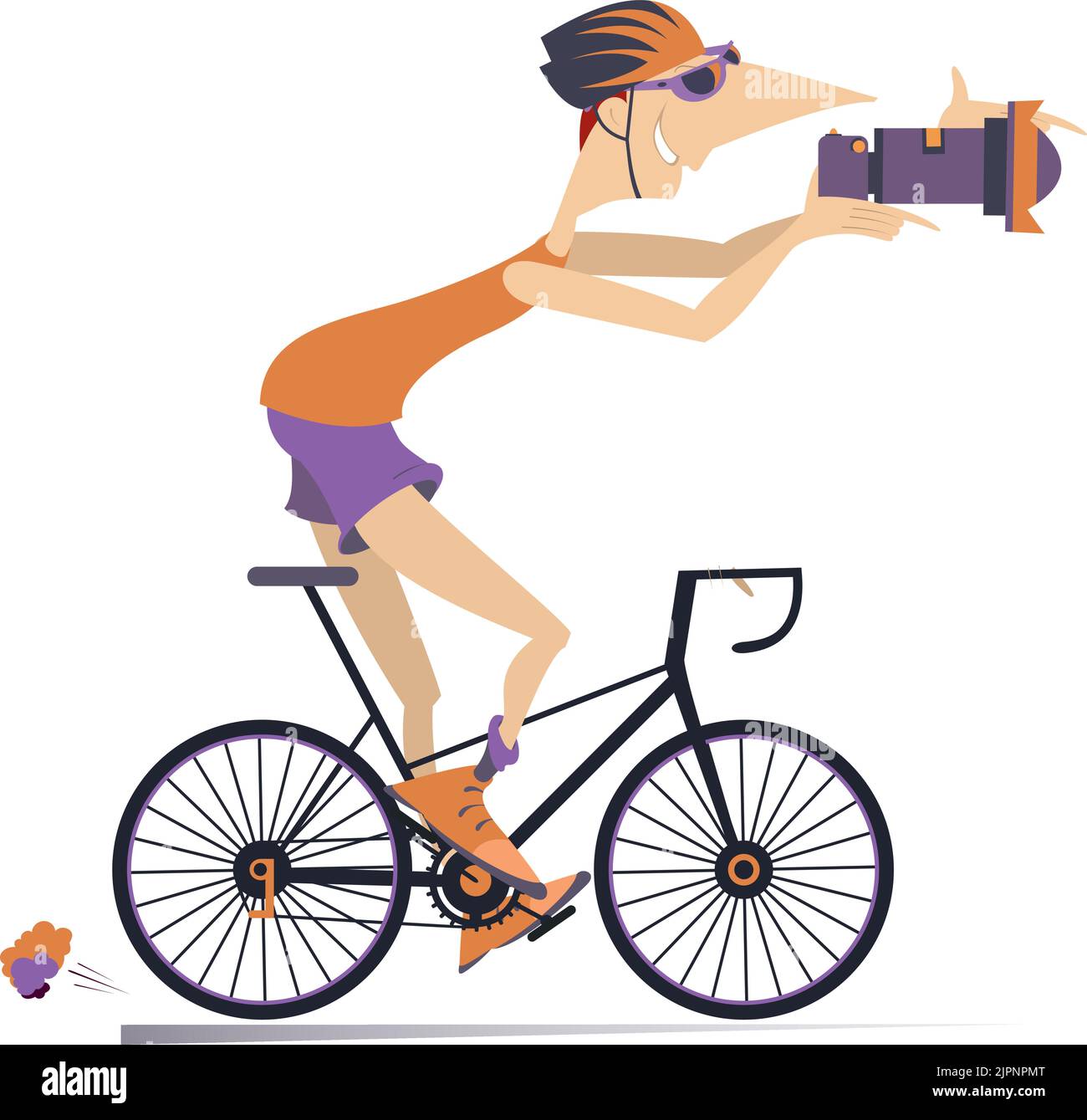 Man with a camera riding a bike. Cycling man with a camera making a ...