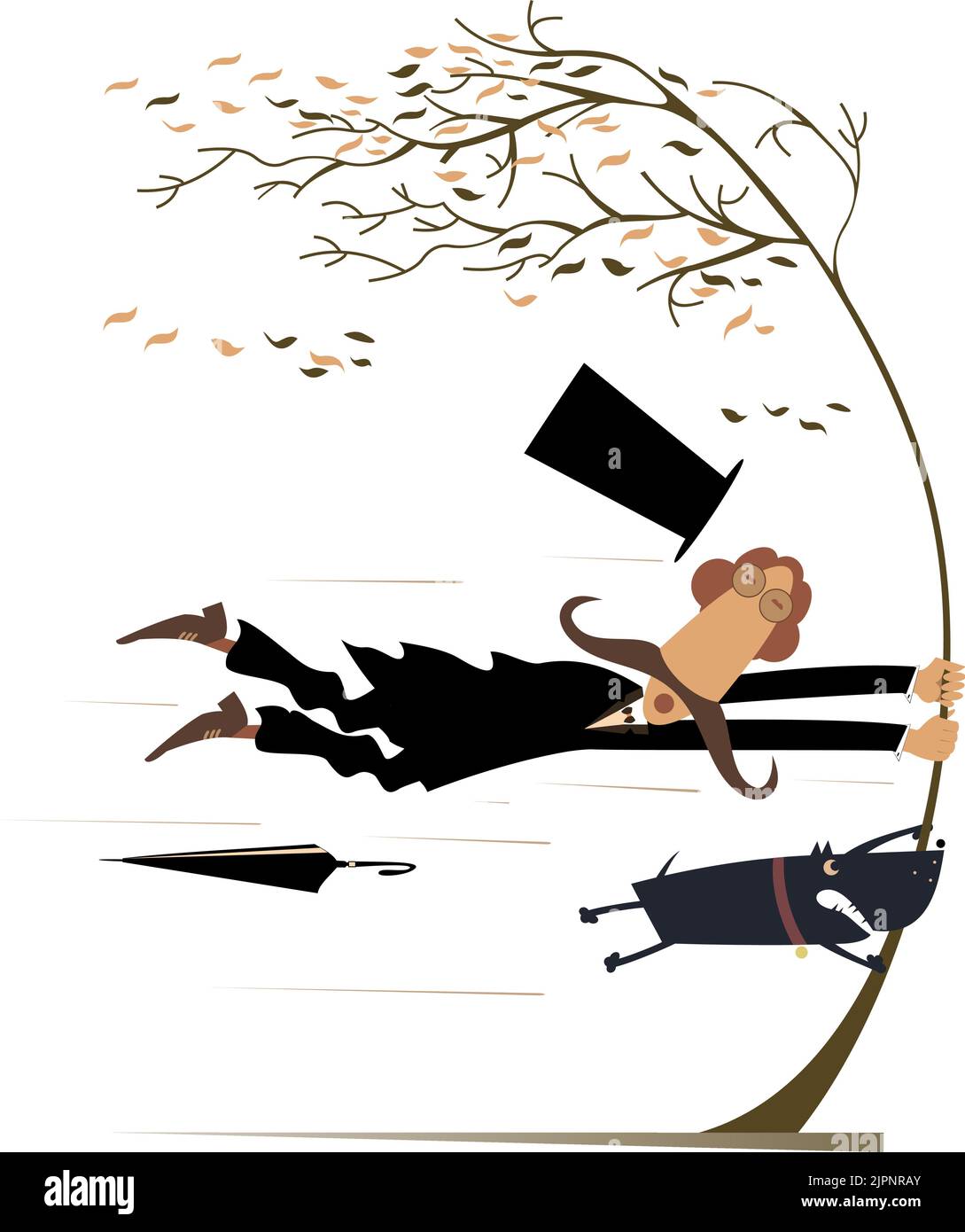 Strong wind, flying leaves, dog and man who lost his hat and umbrella ...