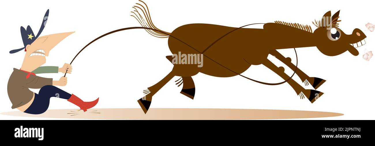 Cartoon rider lassoes a horse. Rodeo. Farmer or cowboy tries to stop ...