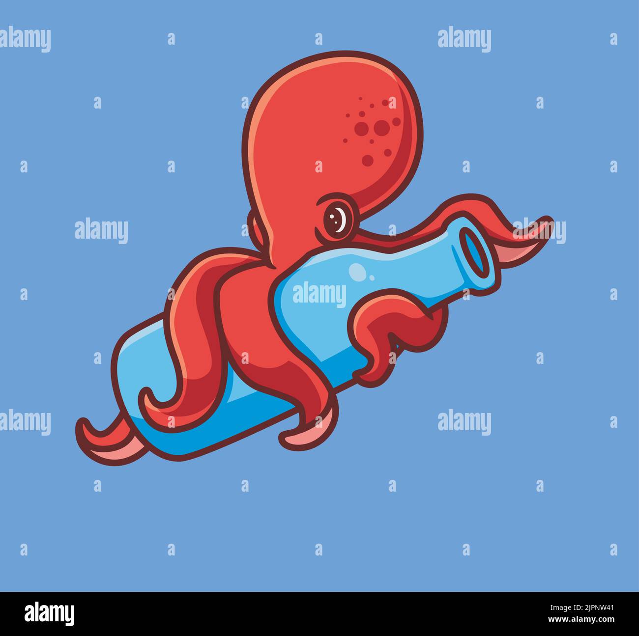 cute red octopus hugging a bottle. isolated cartoon animal nature ...