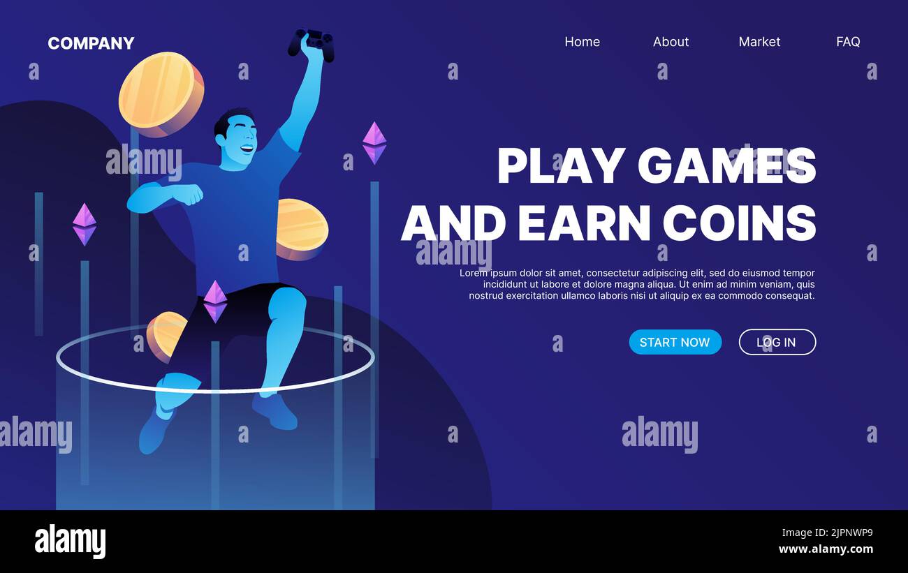 Play Games, Earn Coins Horizontal Web Banner. Landing Page Illustration ...