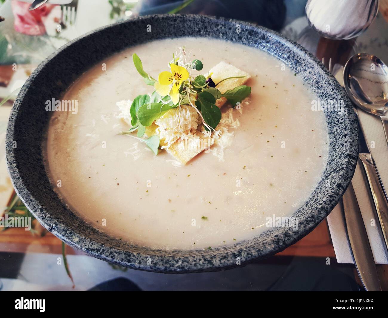 A white soup puree with decorative flower on it Stock Photo - Alamy