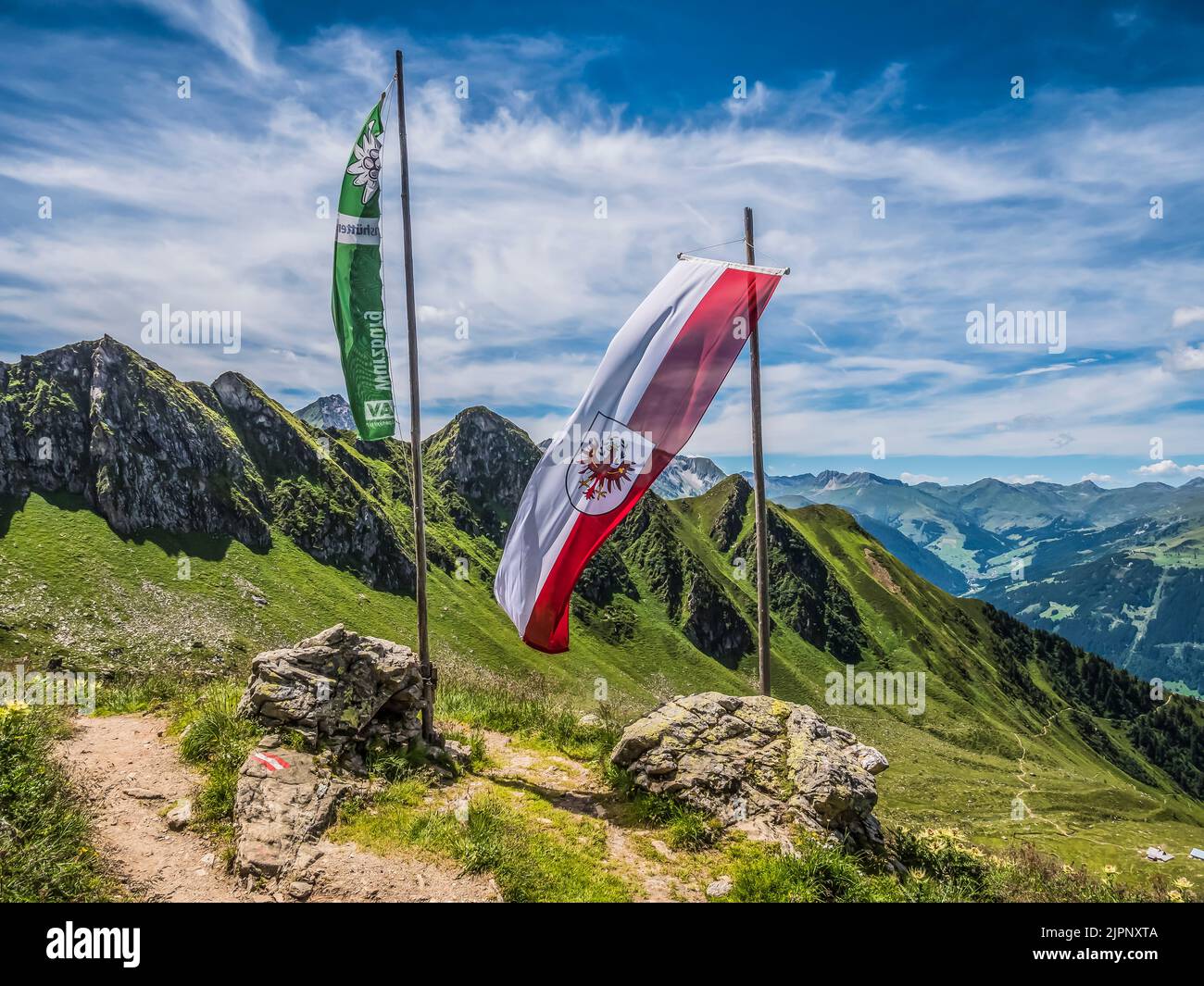 The image is of the flags of the German Alpine Club [DAV] and ...