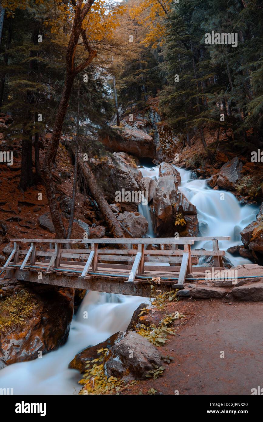 A vertical shot of a bridge over a beautiful waterfall in Jammu and ...