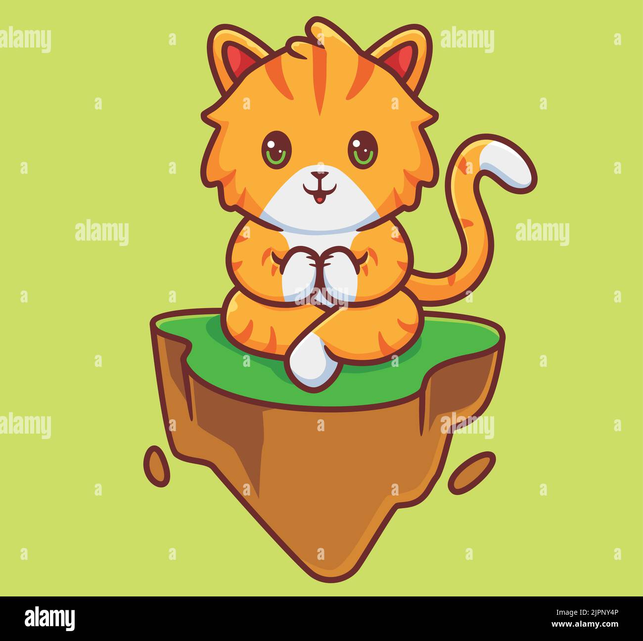 cute cat meditation on floating ground. isolated cartoon animal ...