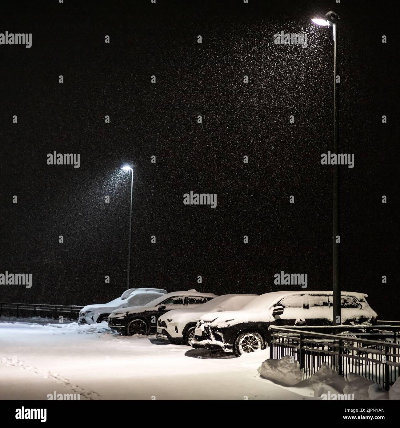 Snow-covered cars are parked under the night lights in snowfall Stock ...
