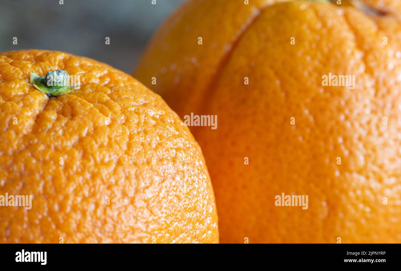 Orange in close-up. Structure of an orange peel on a macro scale. Juicy ...