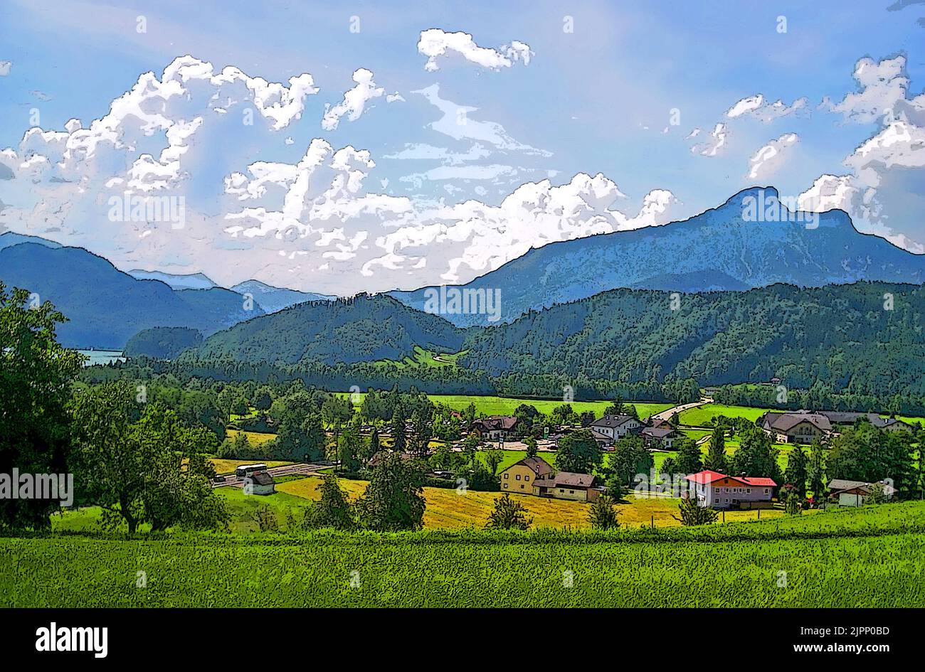 alpine green flatland aka downcountry and mountain line in sunny day ...