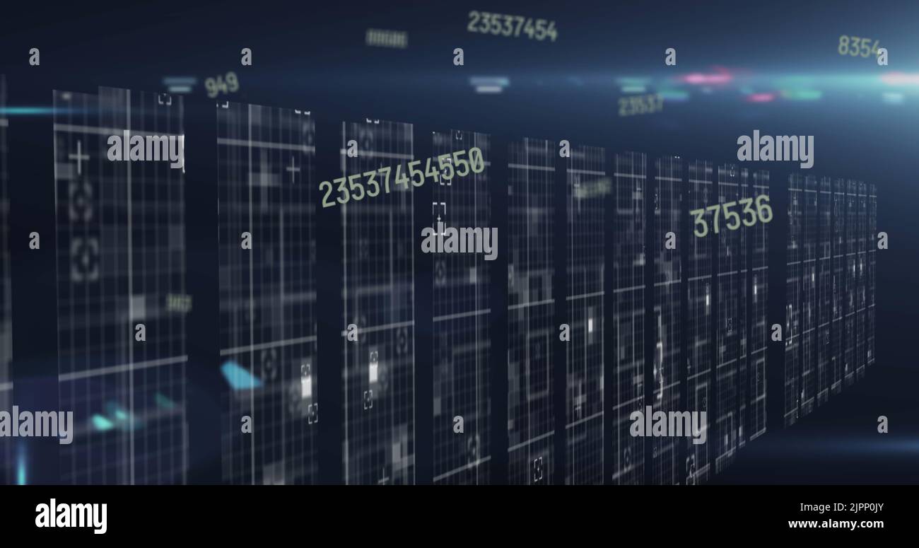 Image of numbers changing with light trails over tech room with computer servers Stock Photo - Alamy