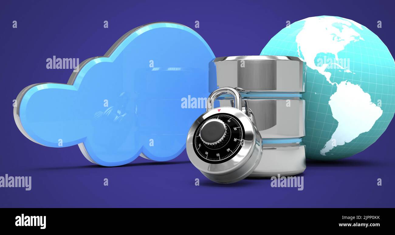 Database server over cloud icon and globe against blue background Stock ...