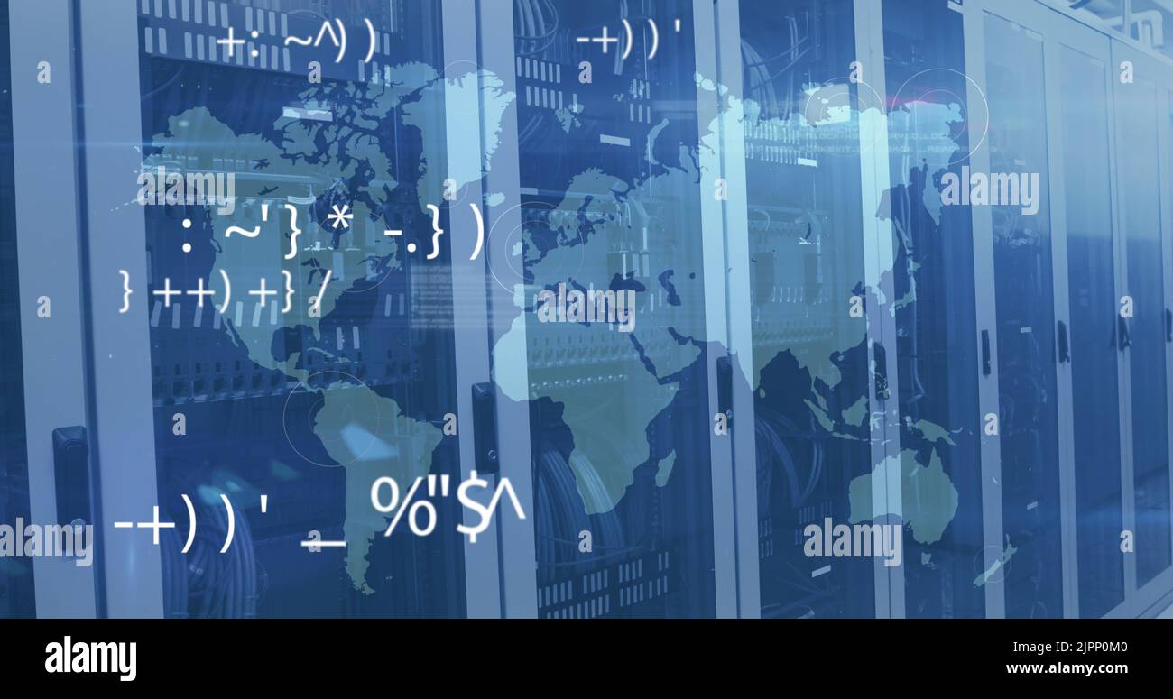 Multiple changing symbols and pulsating circles over world map against empty server room Stock ...