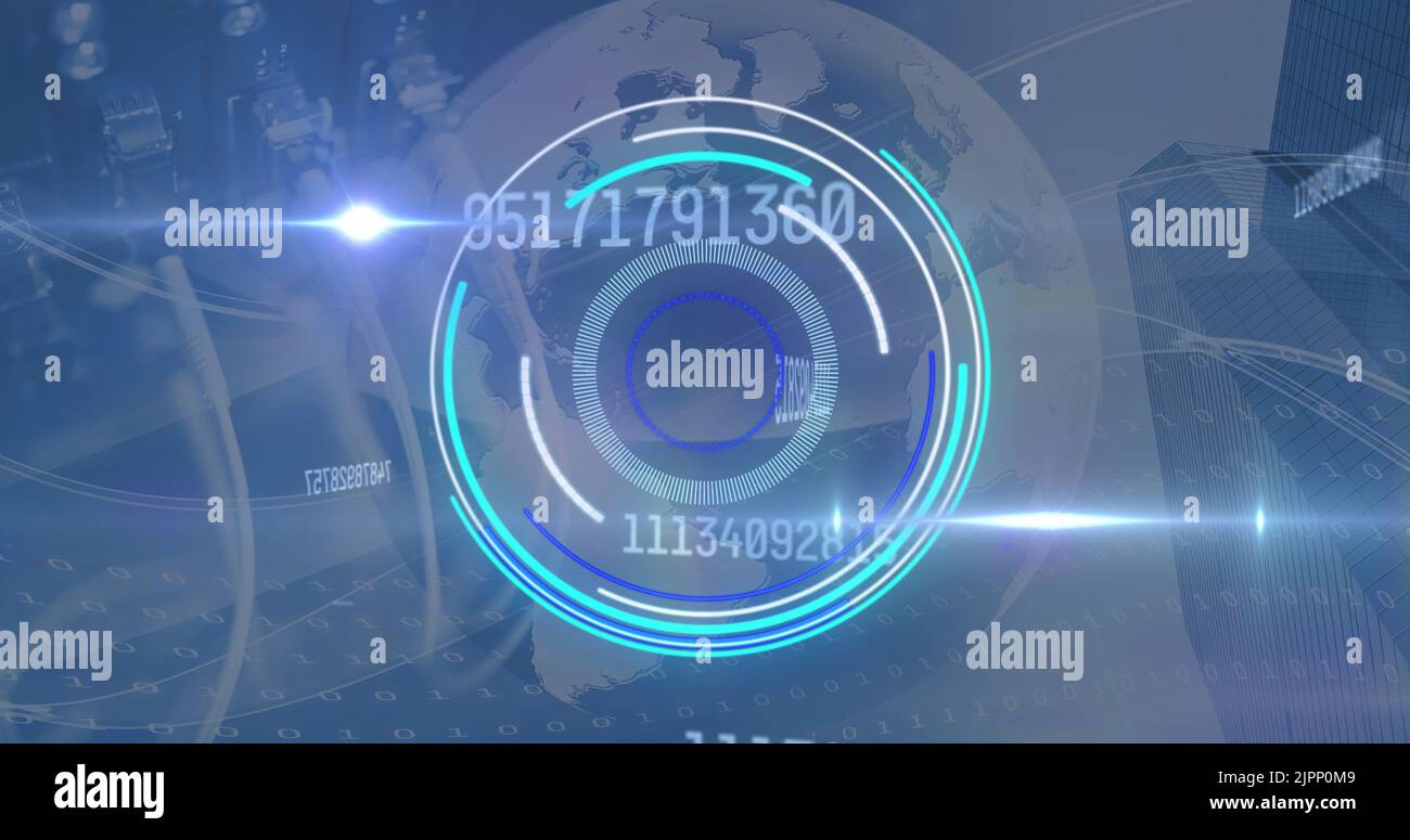 Image of digital interface showing circular scope and rising numbers with server network cables ...