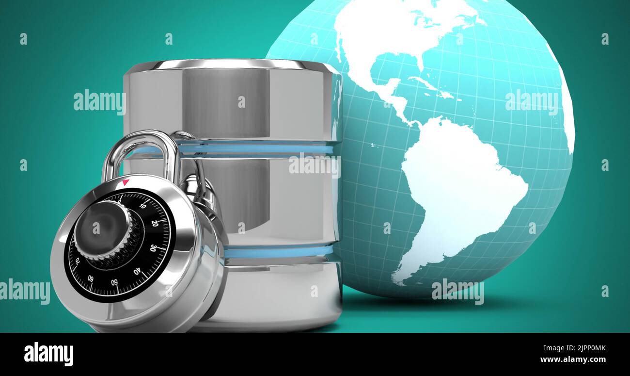 Database computer server and green globe against green background Stock ...