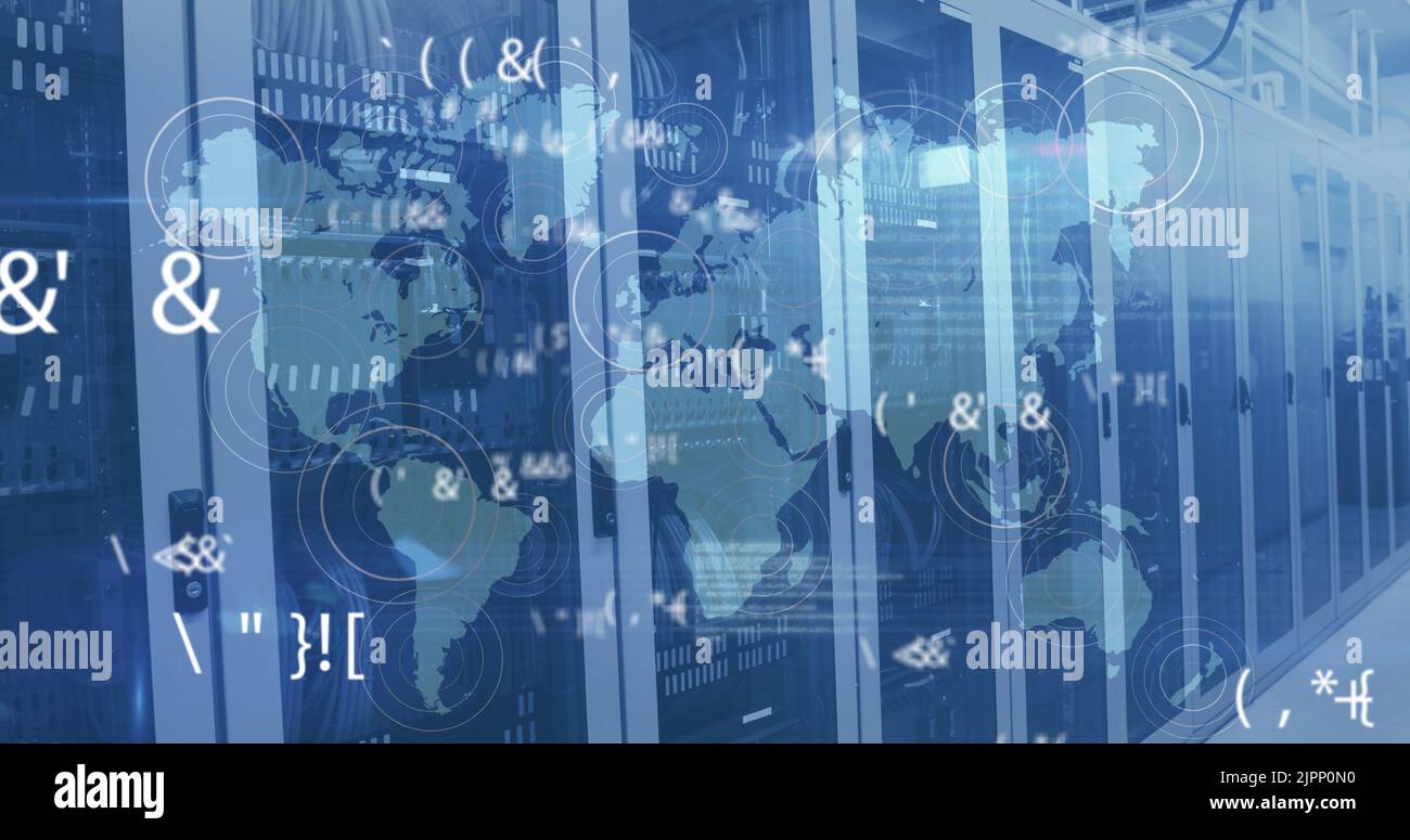 Multiple changing symbols and pulsating circles over world map against empty server room Stock ...