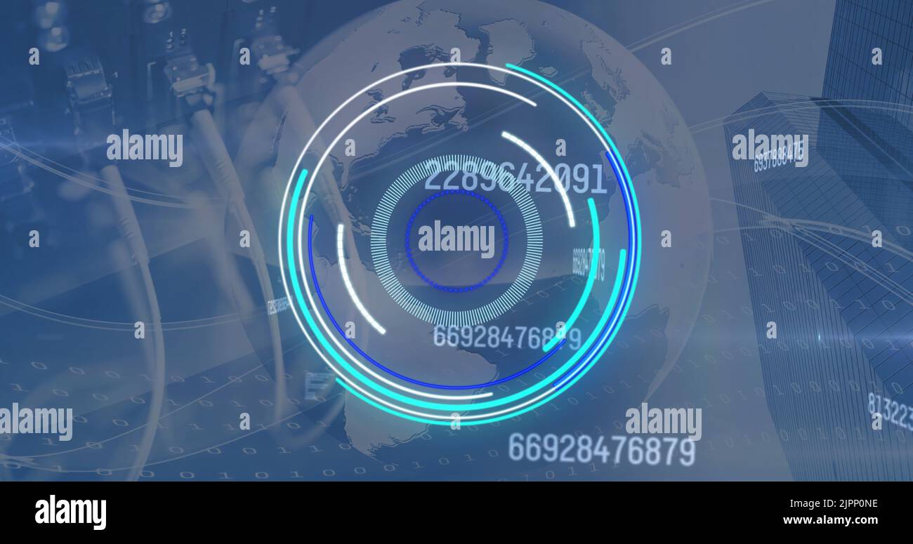 Image of digital interface showing circular scope and rising numbers with server network cables ...